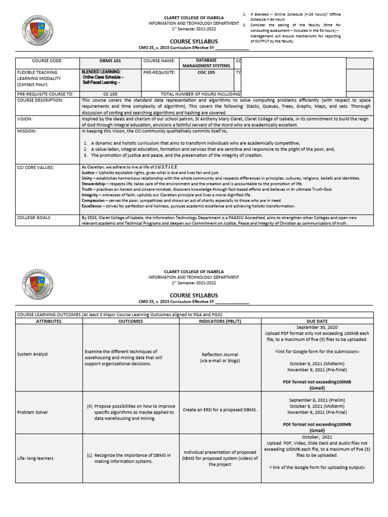 DBMS 101 Syllabus | PDF | Relational Database | Databases