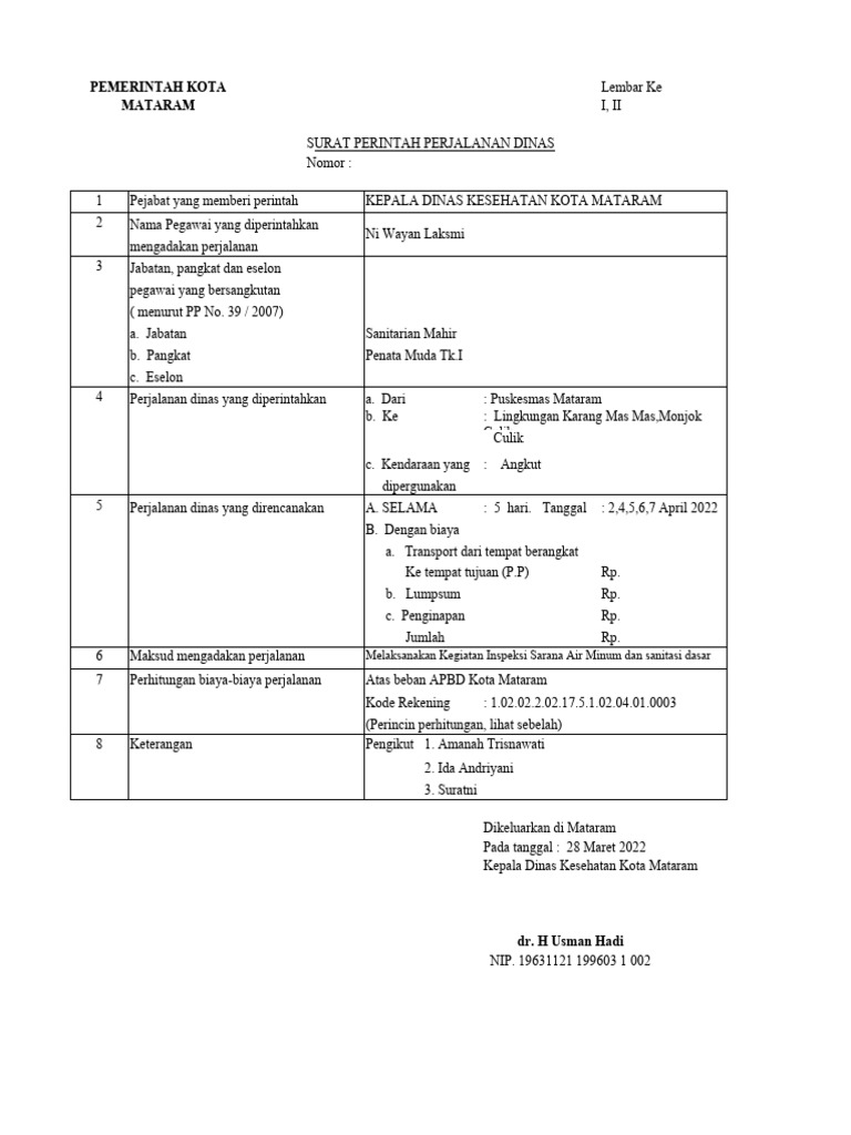Contoh SPPD Perjalanan Dinas 5 Hari | PDF