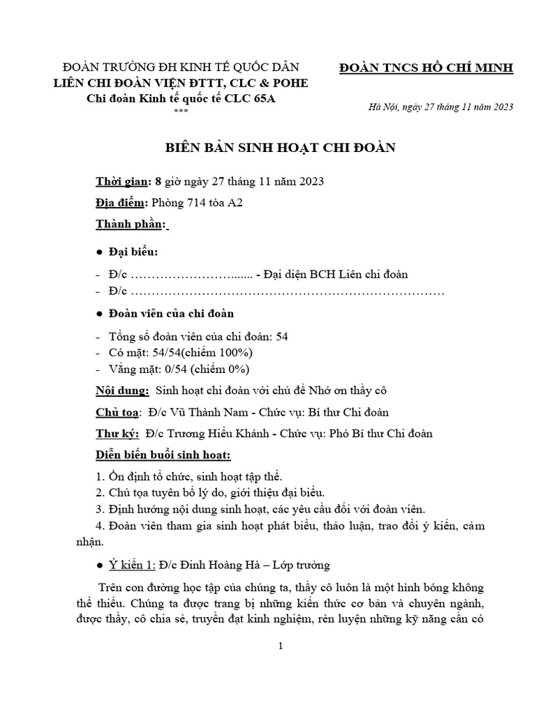 BB01. MẪU BIÊN BẢN SINH HOẠT CHI ĐOÀN | PDF