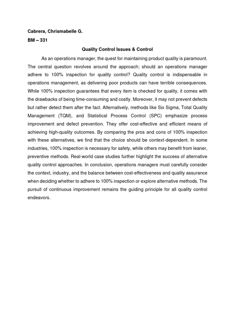 Quality Control Issues & Control - Cabrera-Chrismabelle | PDF