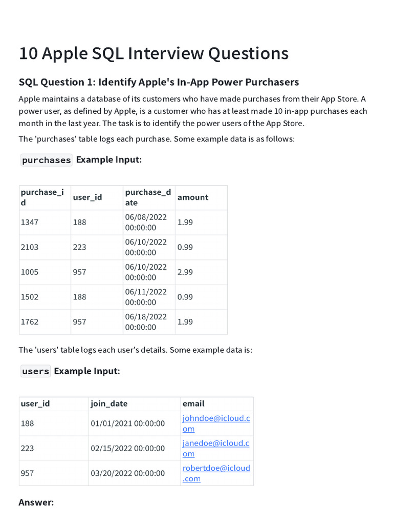 10 Apple SQL Interview Questions | PDF | Table (Database) | Sql