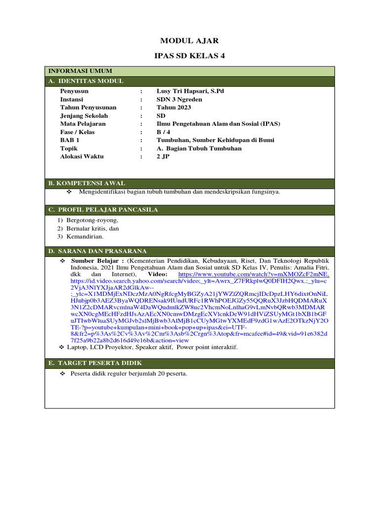 Modul Ajar Kelas 4 - Mapel IPAS - Materi Bagian Tubuh Tumbuhan Dan ...