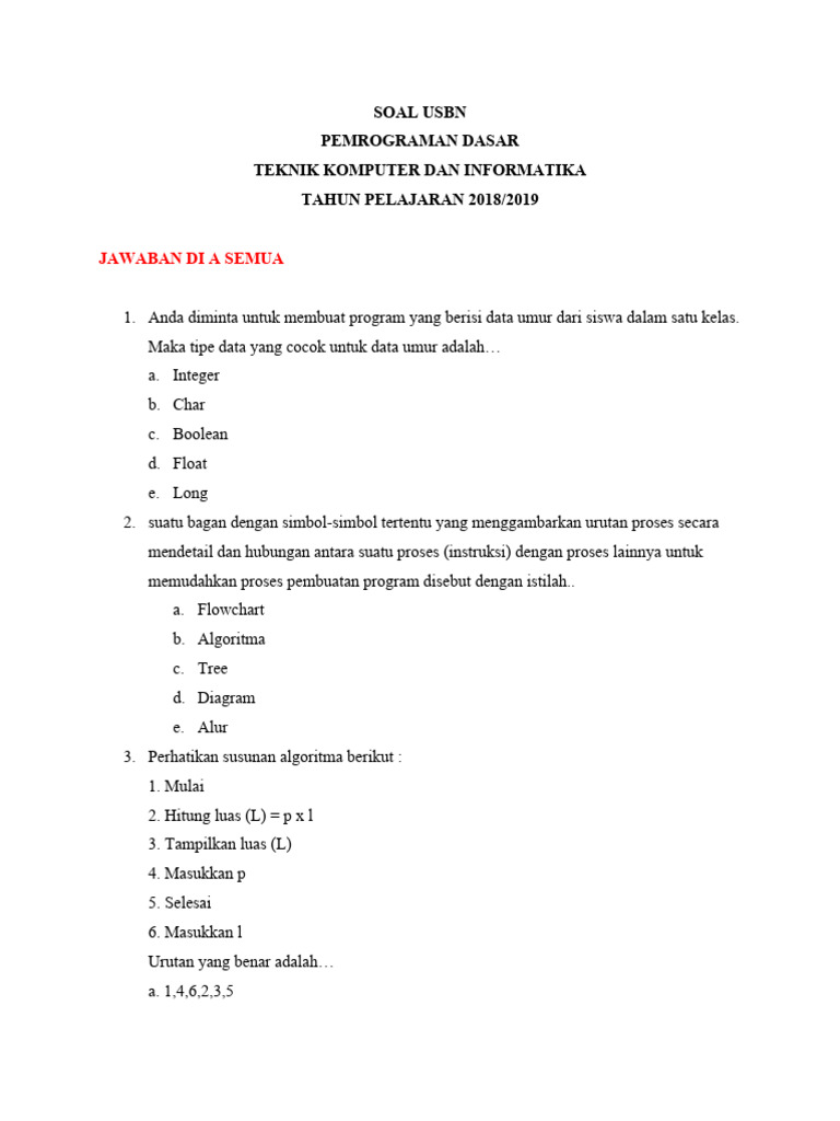 Soal Usbn TKJ Pemrograman Dasar C.1 | PDF