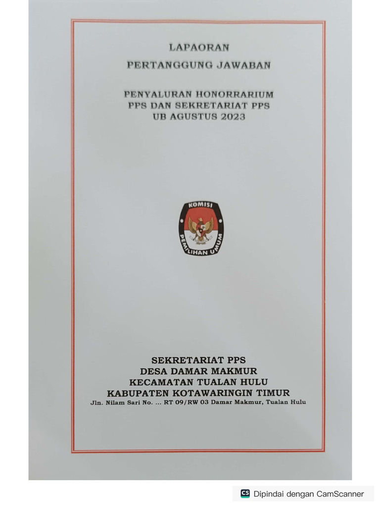LPJ Penyaluran Honor PPS dan Sekretariat PPS Damar Makmur UB. Agustus 2023 | PDF