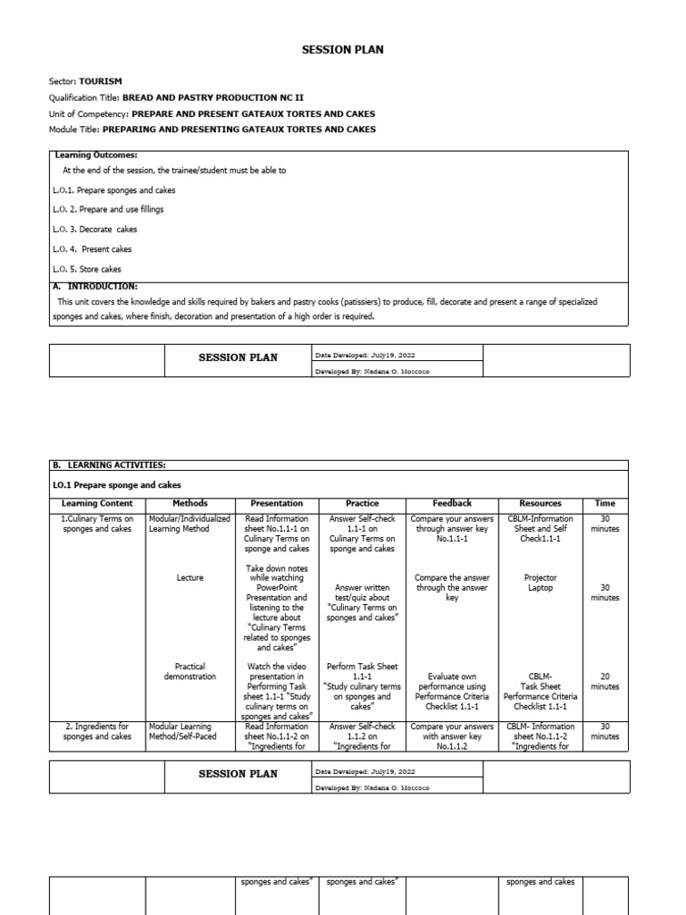 TM1 SESSION PLAN Nadene Revision No. 5 | PDF | Icing (Food) | Cakes
