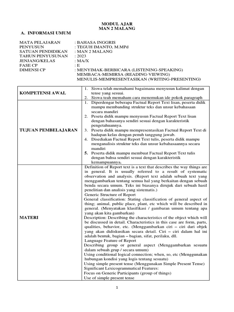 Modul Ajar Factual Report Text Pdf