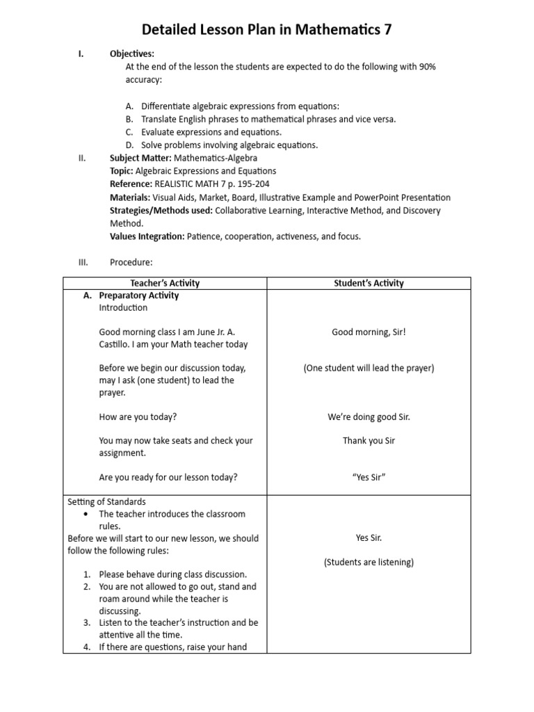Detailed Lesson Plan in Mathematics 7 June Jr. A. Castillo | PDF ...