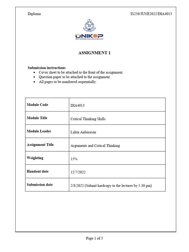 Assignment 1 | PDF | Critical Thinking | Thought