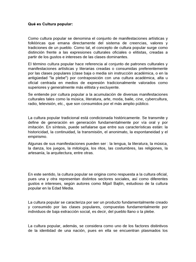 Cultura Popular: Definición y Tipos | PDF | Cultura popular | Folklore