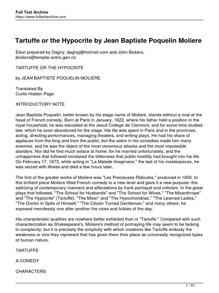 Tartuffe or The Hypocrite | PDF | Molière