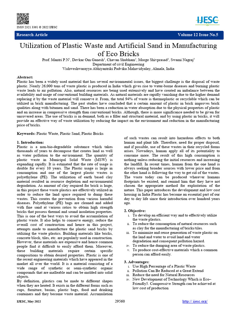 .Utilization of Plastic Waste and Artificial Sand in Manufacturing of ...