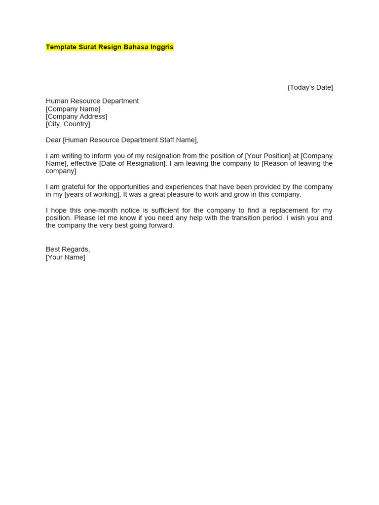 Template Surat Resign Bahasa Inggris | PDF | Career & Growth