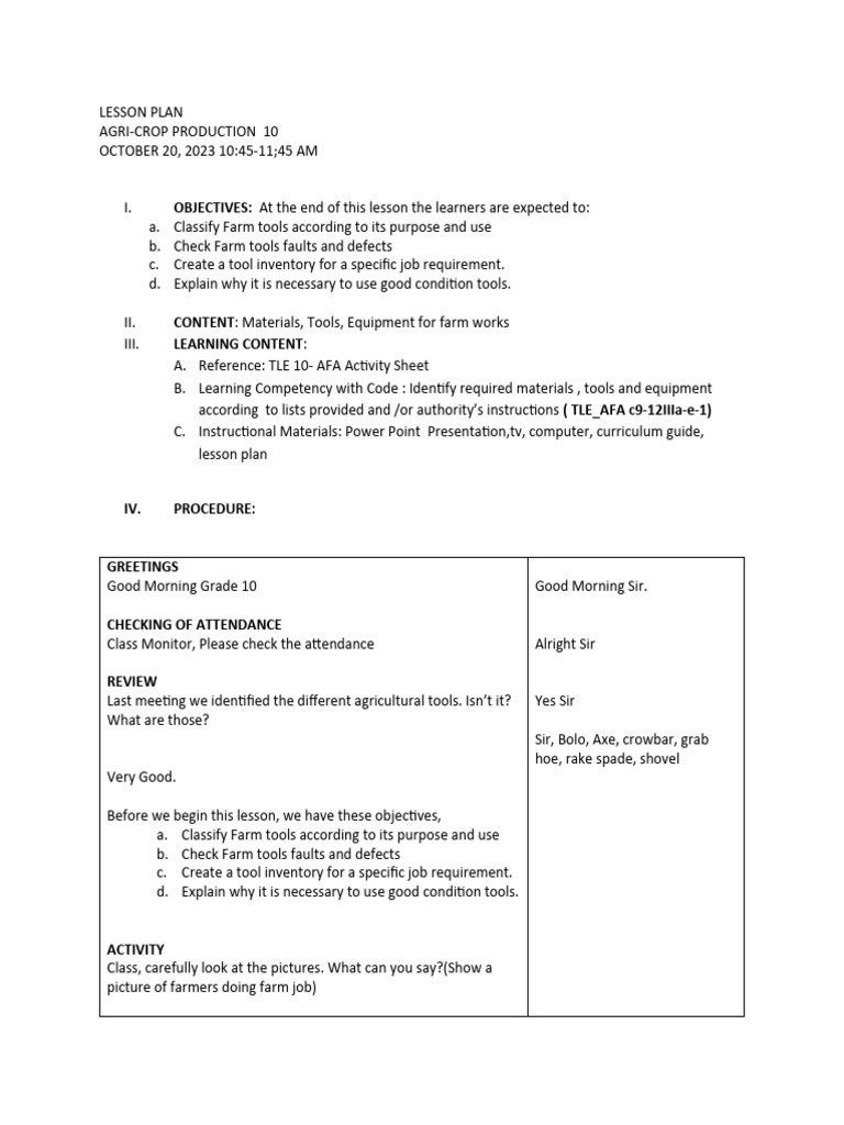 Lesson Plan Checking Farm Tools Co1 | PDF | Lesson Plan