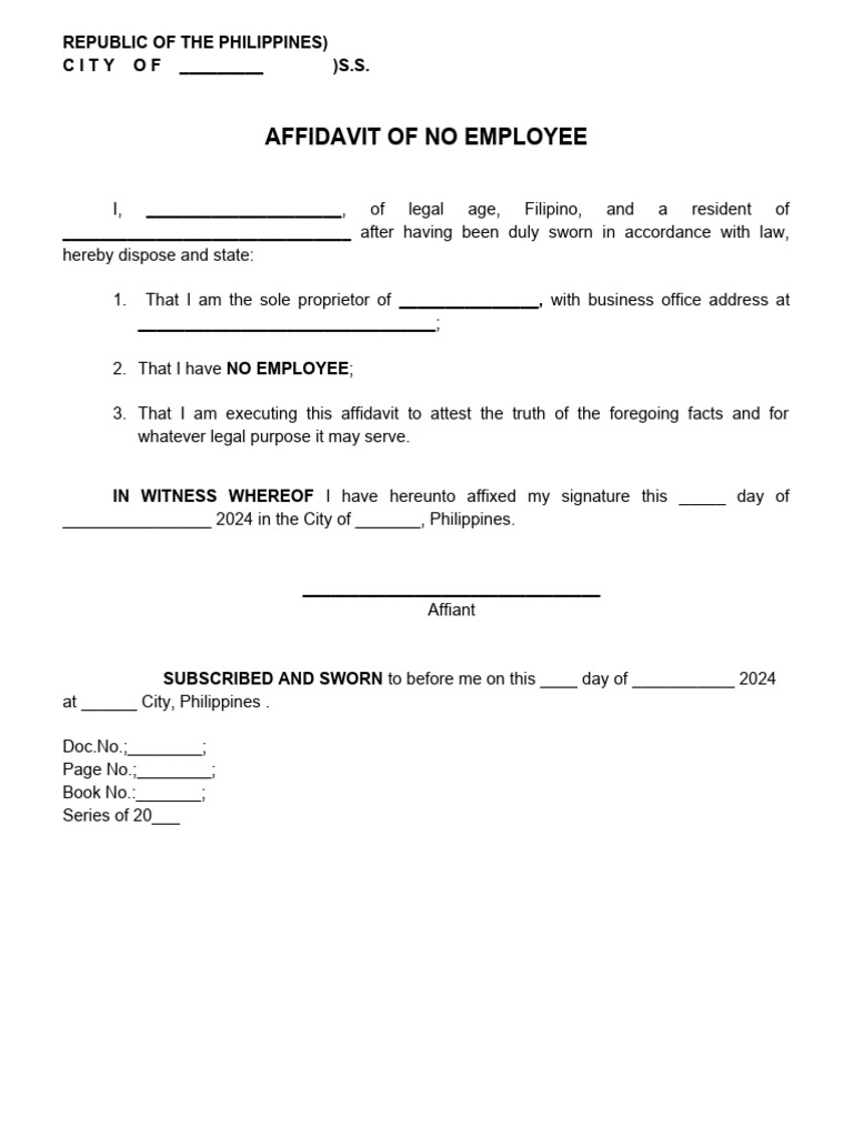 Affidavit of No Employee Template | PDF | Finance & Money Management ...
