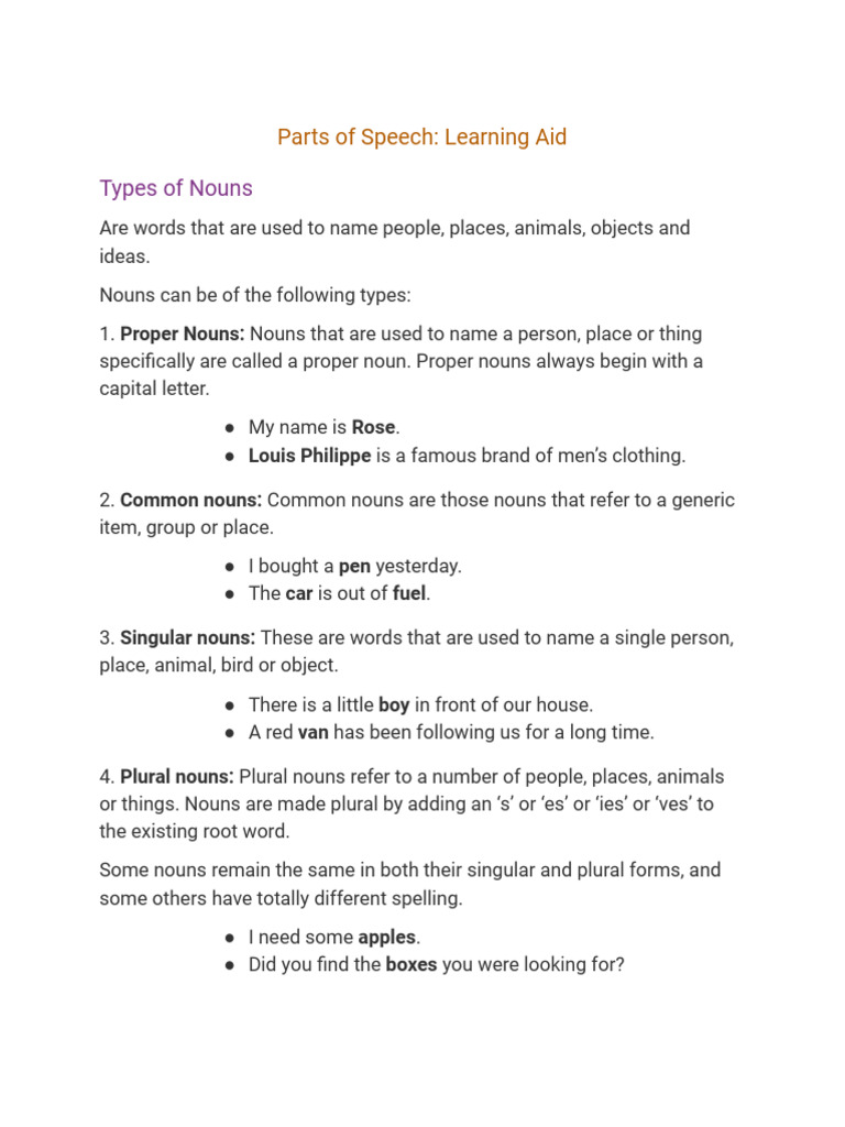 Parts of Speech Learning Aid | PDF | Noun | Pronoun