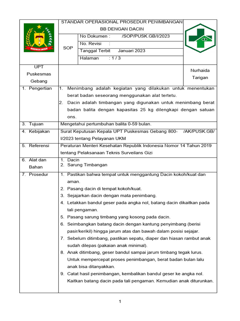 Sop Standar Operasional Prosedur Penimbangan BB Dengan Dacin | PDF