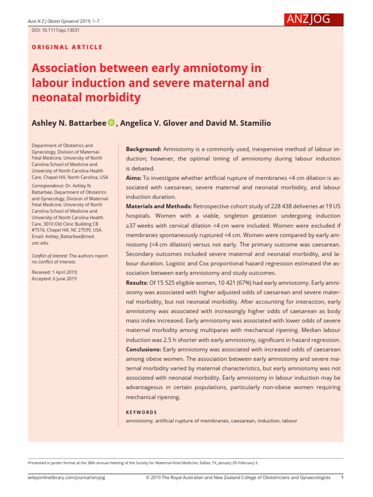 Association Between Early Amniotomy in Labour Induction and Severe ...