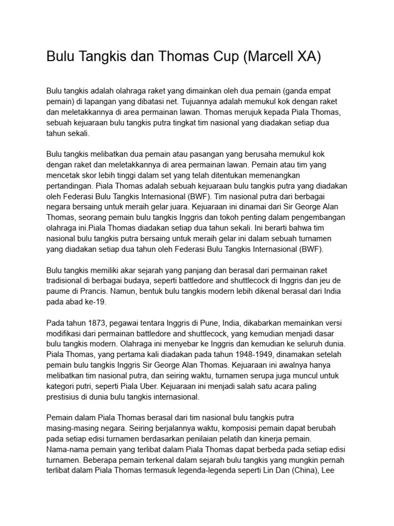 Bulu Tangkis Dan Thomas Cup (Marcell XA) | PDF