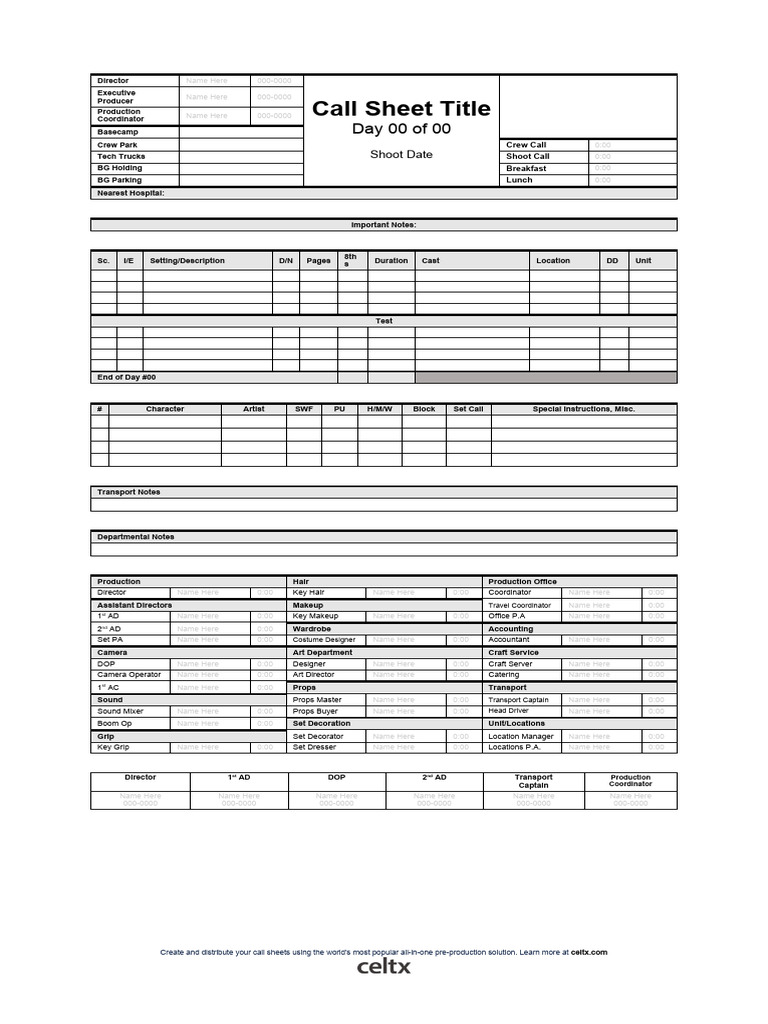 Call Sheet Template for Production | PDF | Film Production