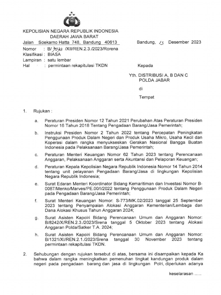 SURAT PERMINTAAN REKAPITULASI TKDN | PDF