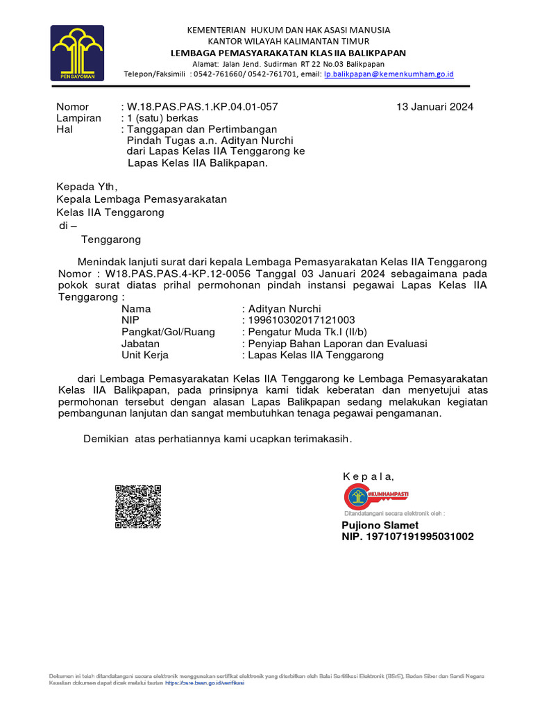 SURAT Balasan PINDAH TUGAS PEGAWAI | PDF