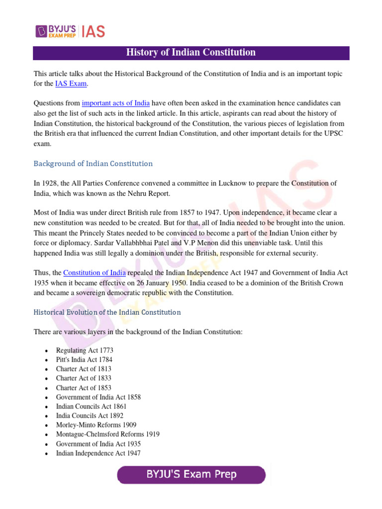 Evolution of India's Constitution (1773-1947) | PDF | British Raj ...