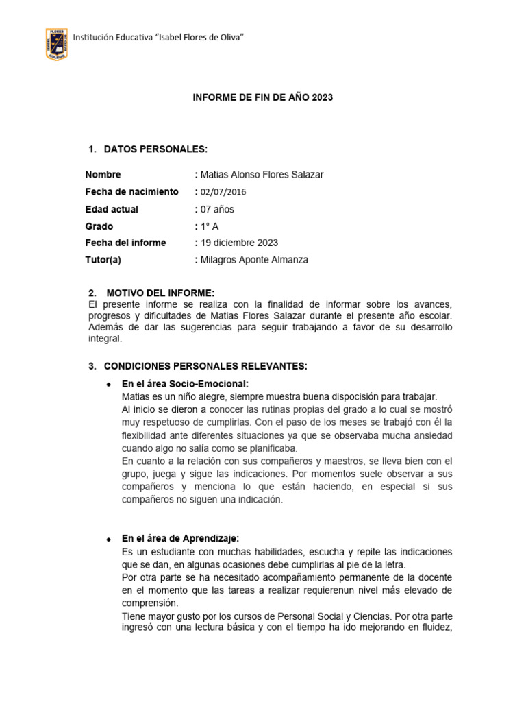 INFORME FIN DE AÑO MATIAS FLORES | PDF | Aprendizaje | Salón de clases