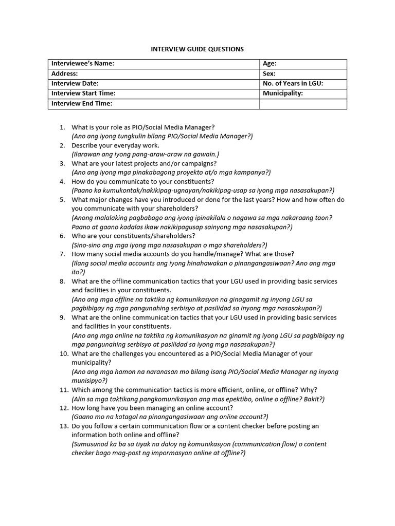 Interview Guide Questions - USONG | PDF