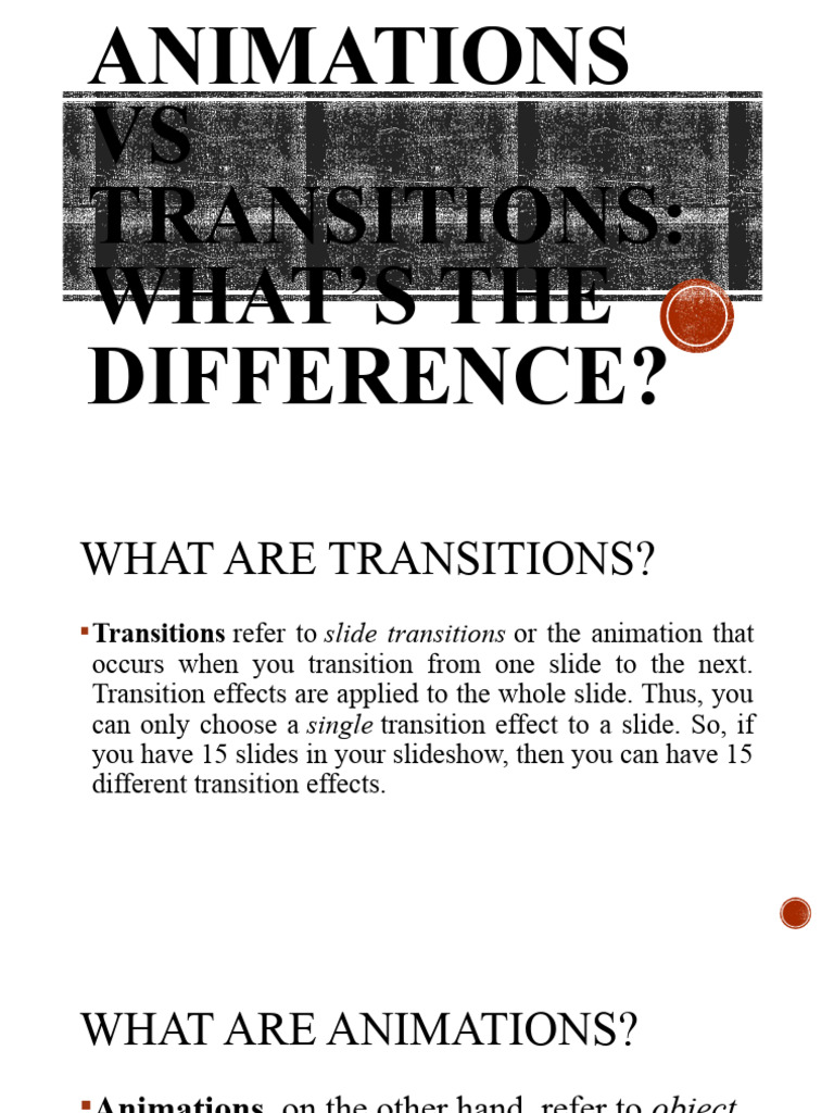 Animations Vs Transitions | PDF | Microsoft Power Point | Animation