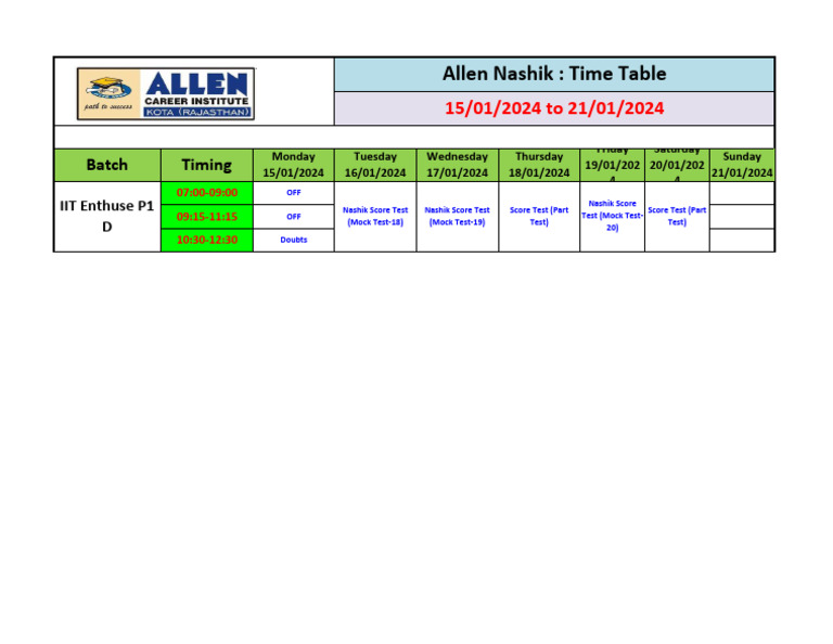Allen Nashik Batch Timetable 01/2024 | PDF