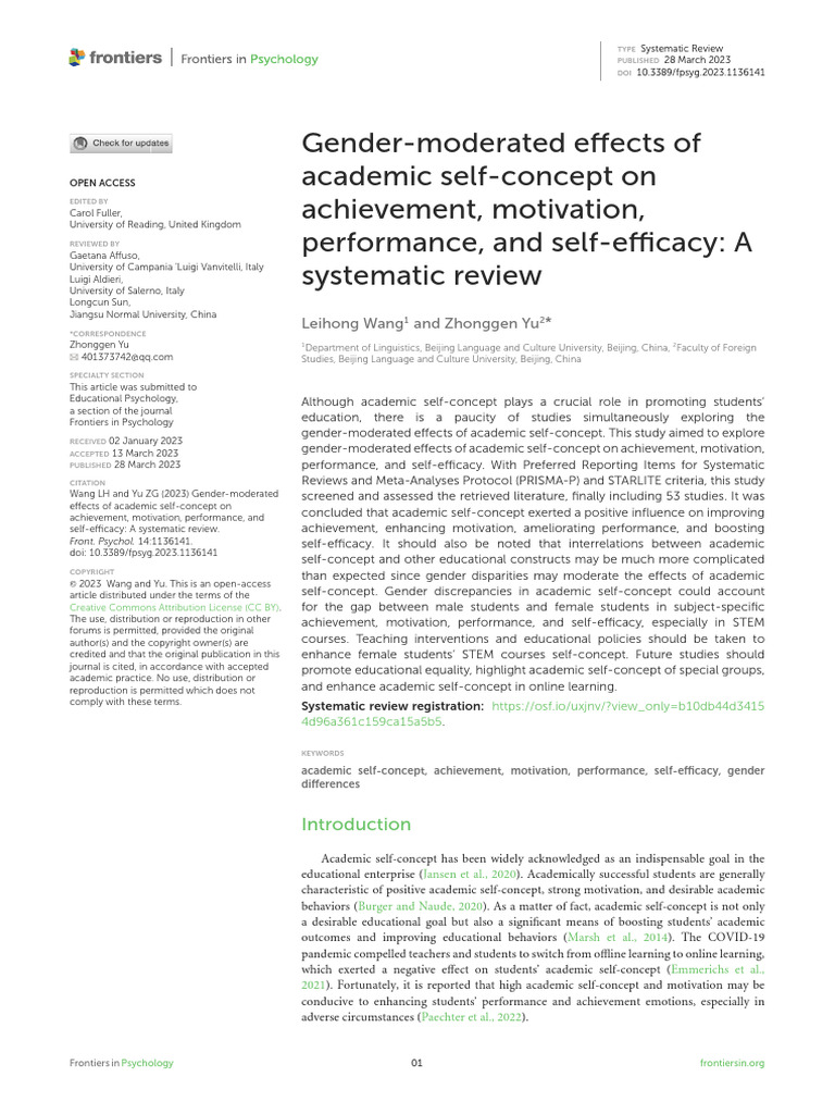 Gender-Moderated Effects of Academic Self-Concept On Achievement, Motivation, Performance, and ...