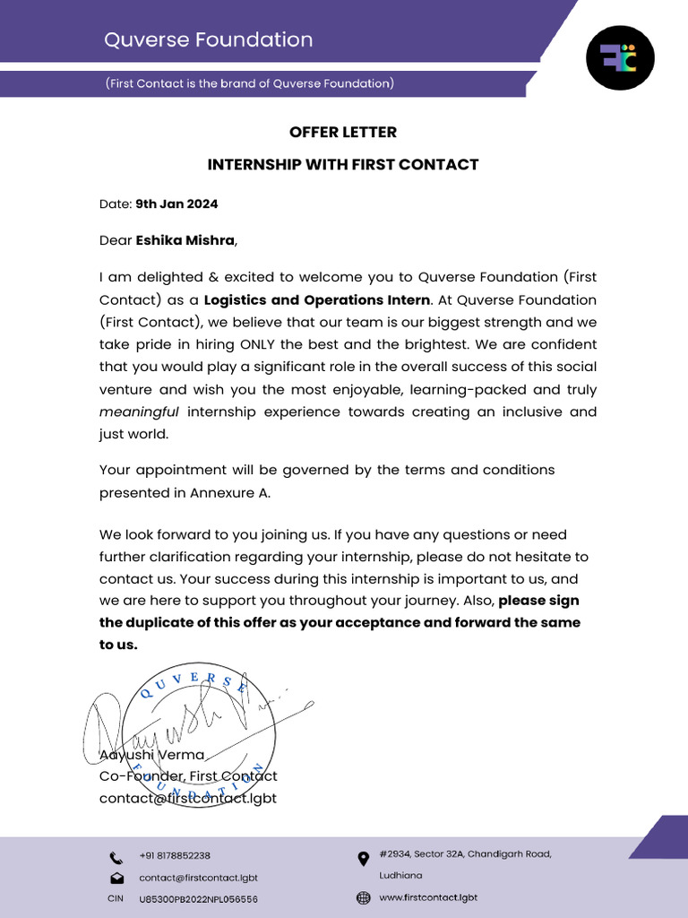 FC Offer Letter - Eshika Mishra - Operations and Logistics Internship ...