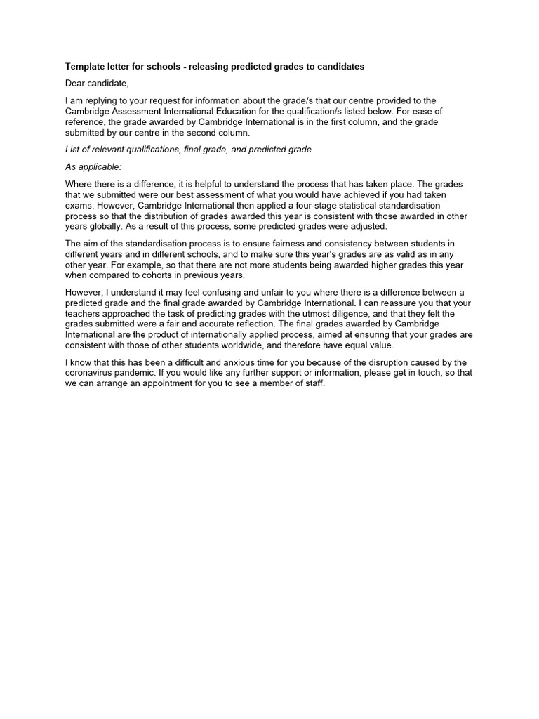 Template Letter For Schools Releasing Predicted Grades To Candidates | PDF
