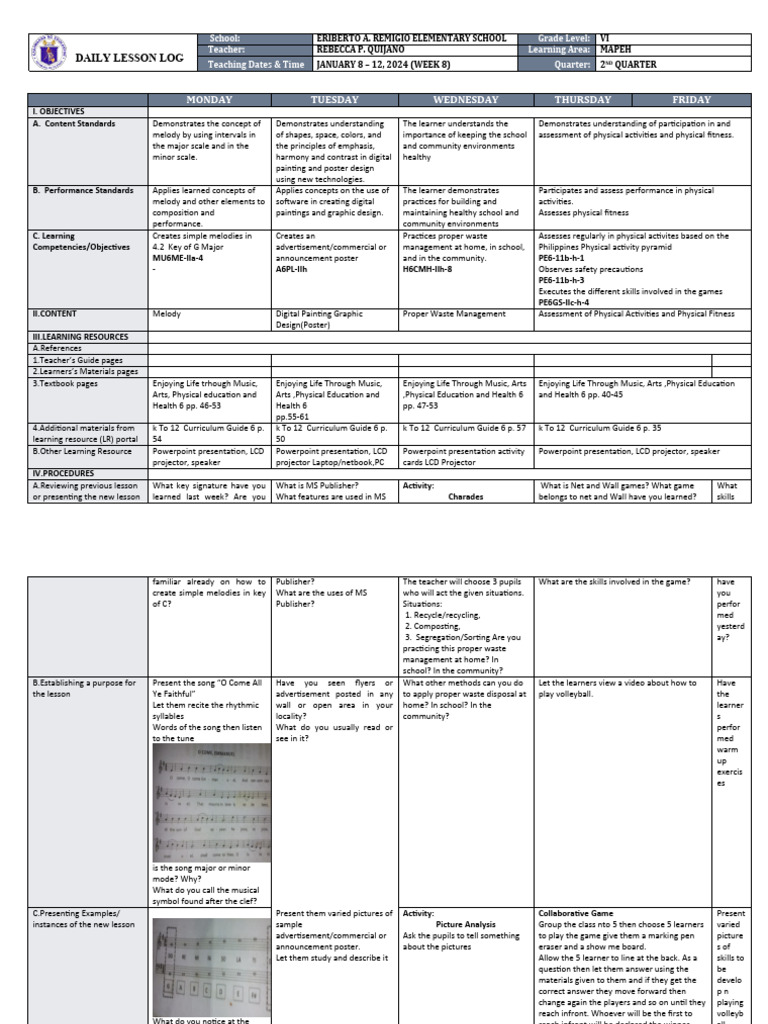 DLL - Mapeh 6 - Q2 - W8 | PDF | Learning | Teachers