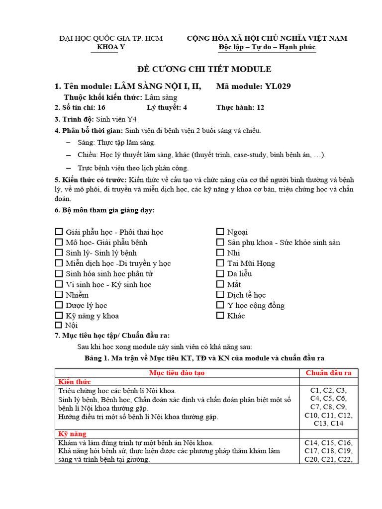 Đề Cương Chi Tiết Module 1. Tên module: LÂM SÀNG NỘI I, II, Mã module: YL029 | PDF