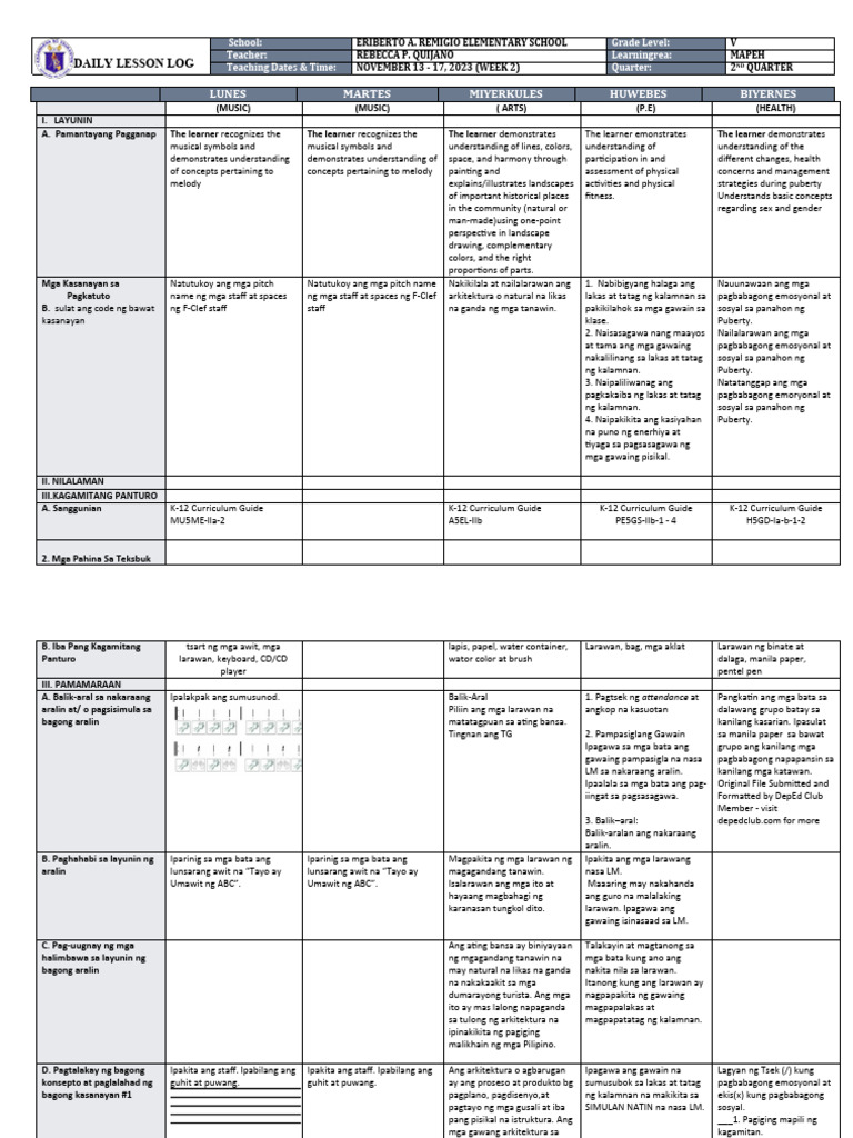 DLL - Mapeh 5 - Q2 - W2 | PDF