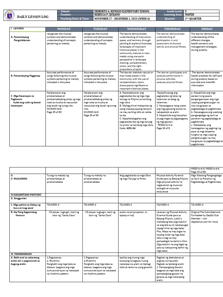 DLL - Mapeh 5 - Q2 - W4 | PDF | Learning | Cognition
