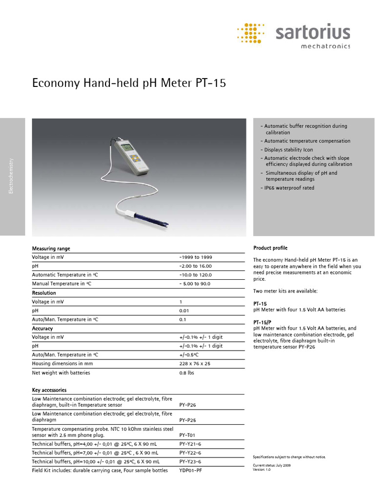 Sartorius Economy Hand-Held PH Meter PT-15 | PDF | Ph | Applied And Interdisciplinary Physics