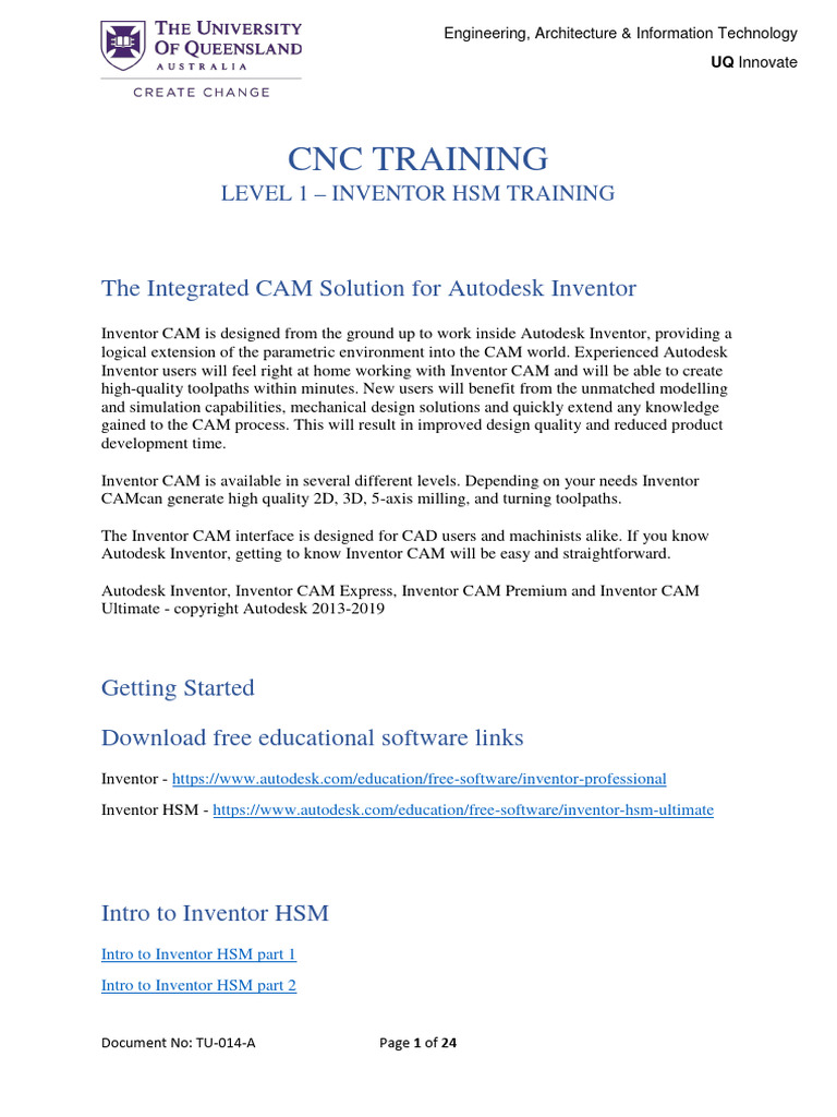 TU-014-A CNC Training - Level 1 Inventor HSM Training | PDF | Machining | Autodesk