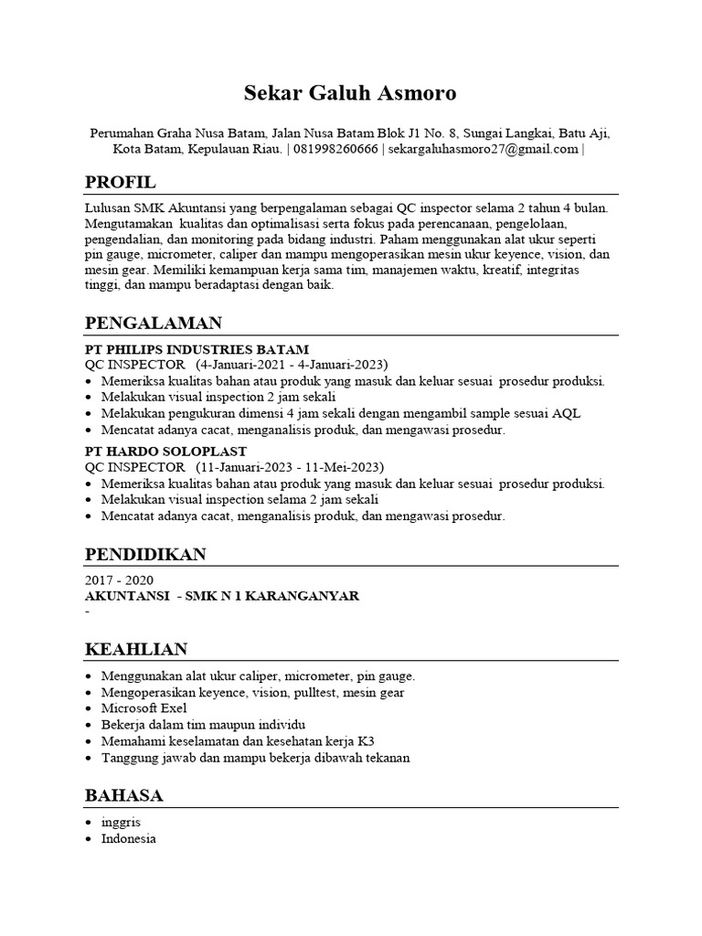 CV Dan Berkas Lamaran PT Giken-Sekar Galuh Asmoro - Operator Produksi | PDF