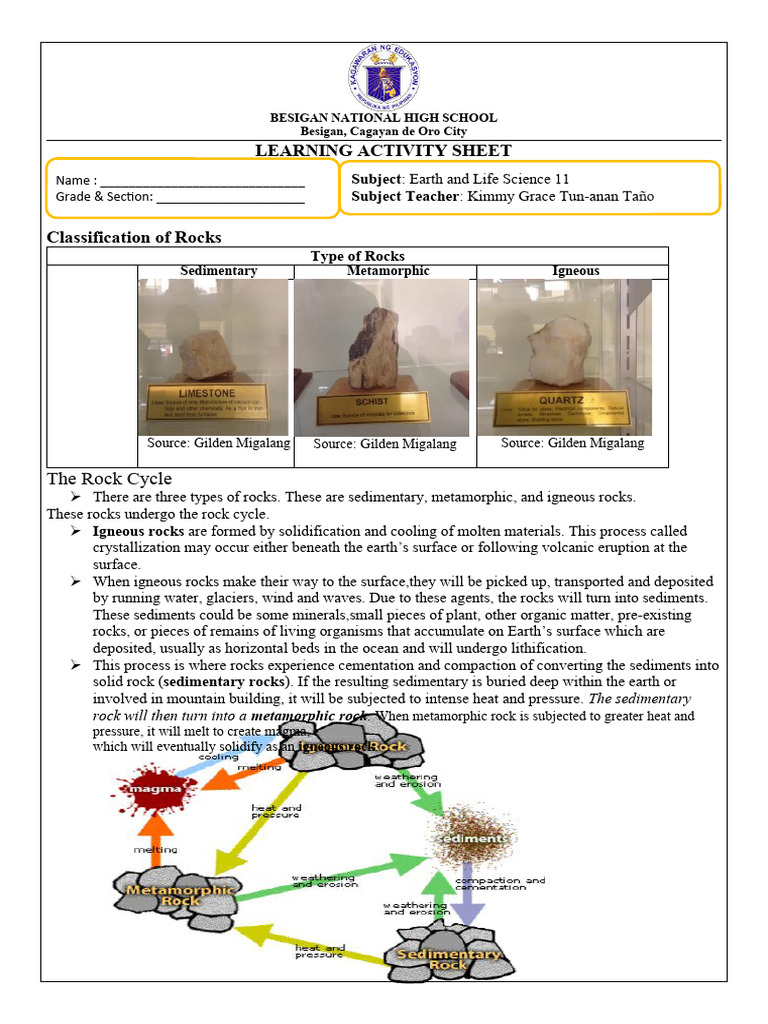 Science 11 LAS Classification of Rocks | PDF | Rock (Geology ...