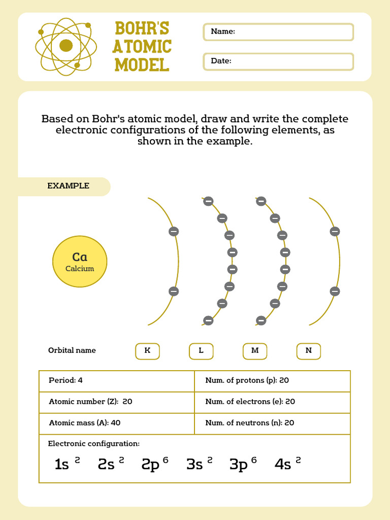Yellow Illustrative Bohr's Atomic Model Worksheet | PDF | Electron ...