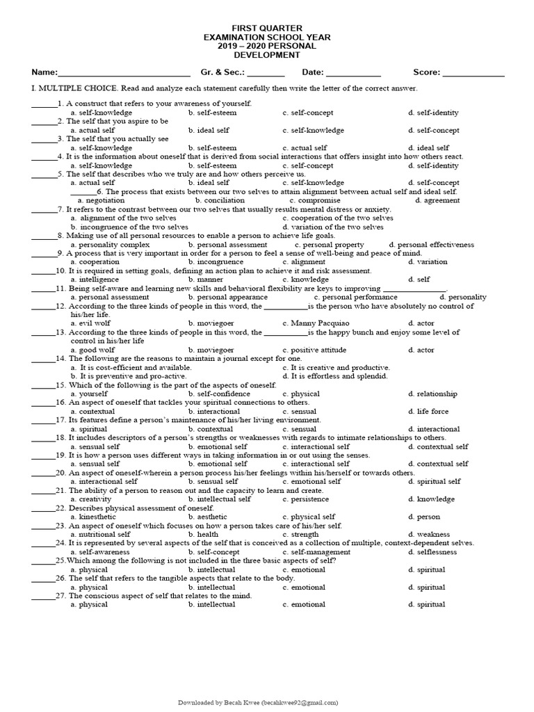 PerDev Exam | PDF | Self Concept | Self Esteem