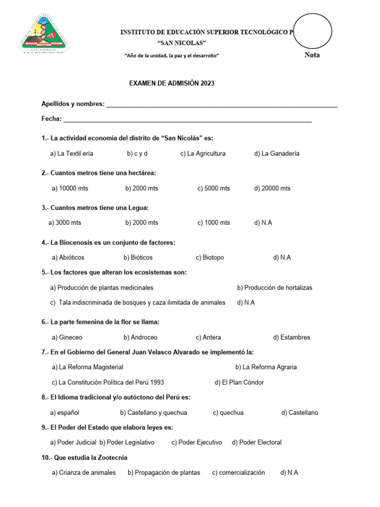 Examen de Admision 2023 - Iestp San Nicolas | PDF | Pasto