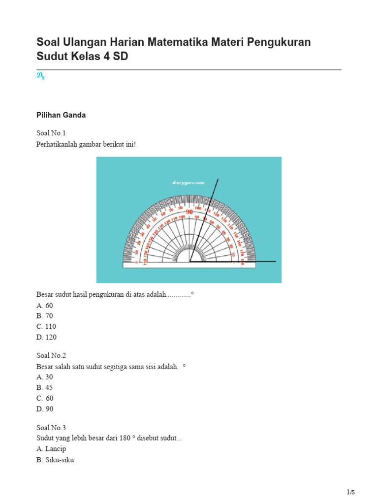 Soal Ulangan Harian Matematika Materi Pengukuran Sudut Kelas 4 SD | PDF