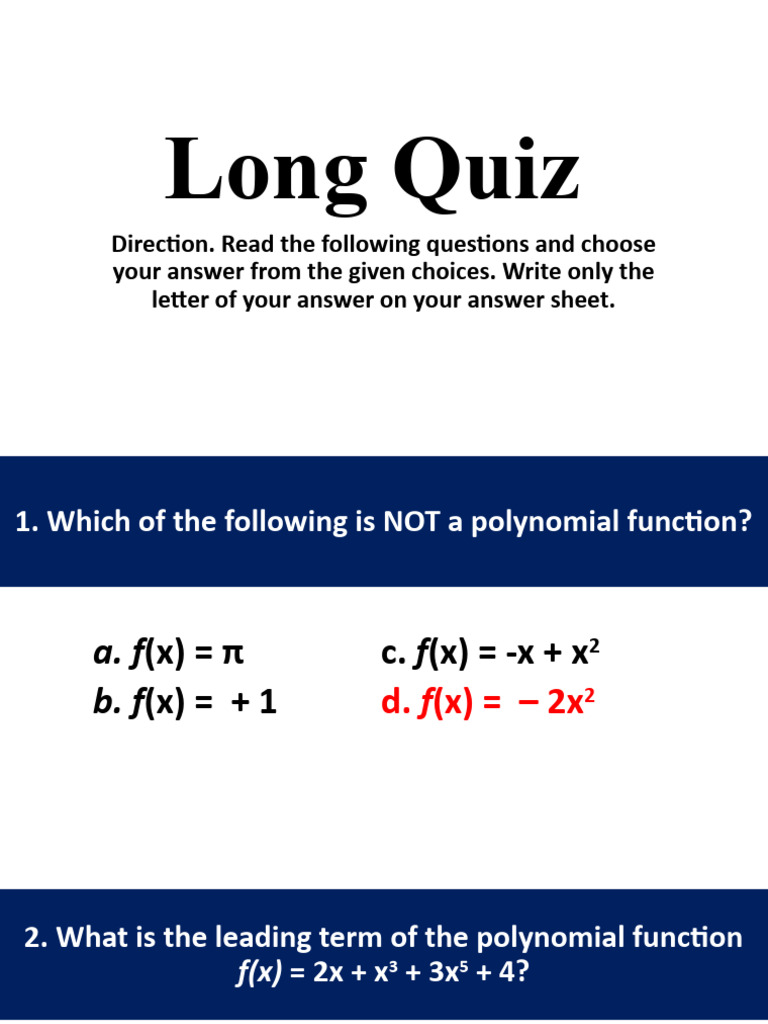 9 Long Quiz Polynomial Functions | PDF | Mathematics | Mathematics Of ...