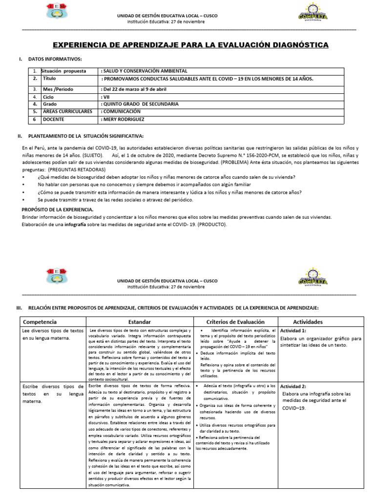 EXPERIENCIA DE APRENDIZAJE DE EVALUACIÓN DIAGNÓSTICA 5TO | PDF | Evaluación | Aprendizaje
