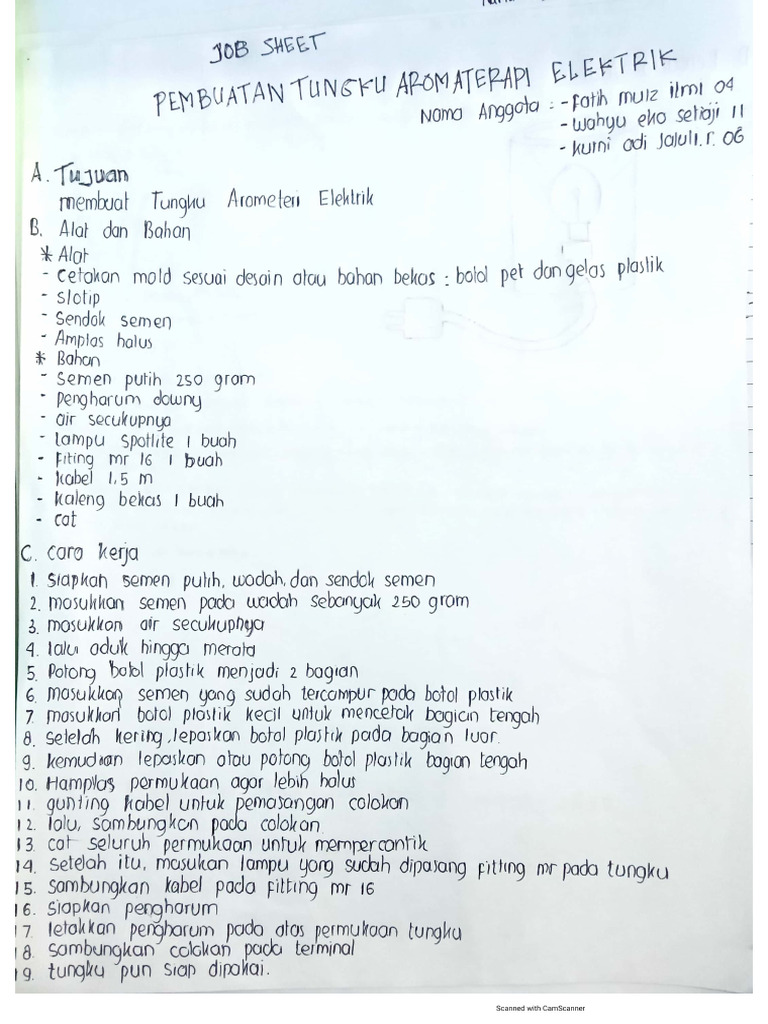 JOB SHEET 'Pembuatan Tungku Aromaterapi Elektrik' Kelompok Fatih, Wahyu, Kurni | PDF