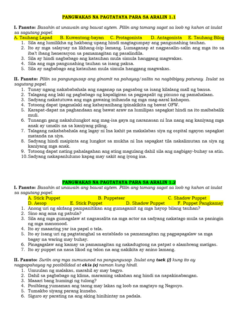 PANGWAKAS NA PAGTATAYA PARA SA ARALIN 1-3 Filipino 7 | PDF