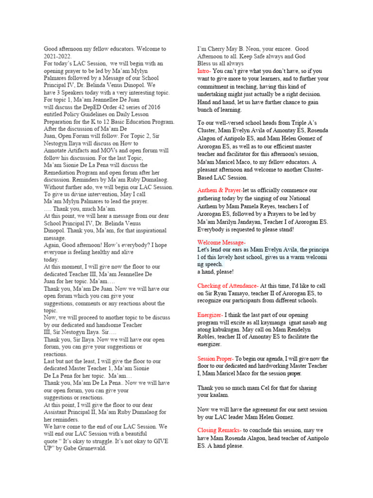 Lac Session Emcee Script Nov.10,2023 | PDF